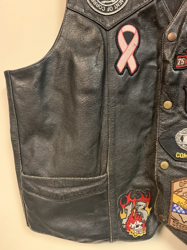 Vtg American Veterans Leather Biker Motorcycle Vest Rangers Airborne Sz ...