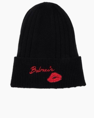 Balmain Wool Cashmere Beanie Hat Winter Kiss Lips Logo Embroidered ...