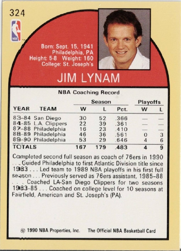 1990 NBA Hoops Jim Lynam Philadelphia 76ers Coach 324 Mint | eBay