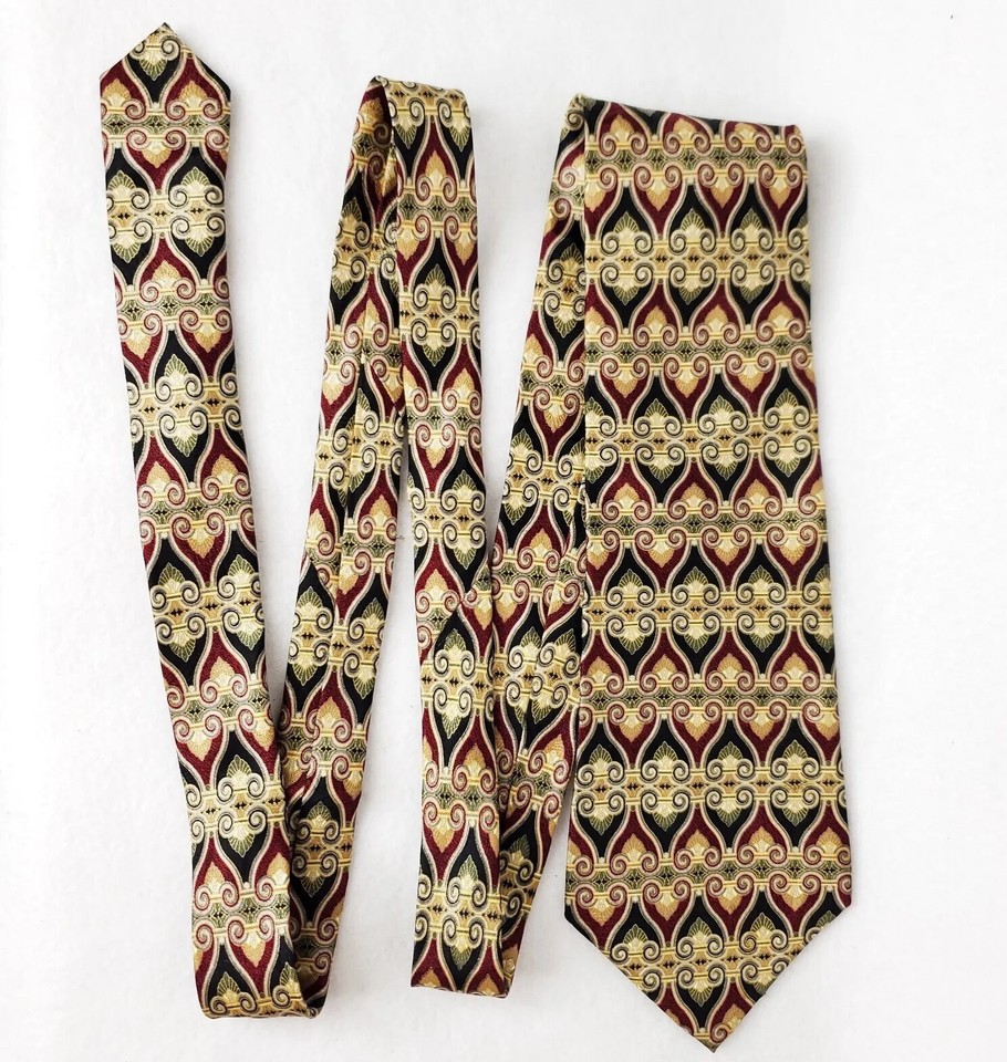 Fierte Mens 100% Silk 63"L x 4"W Neck Tie Wine Black Olive Scroll | eBay