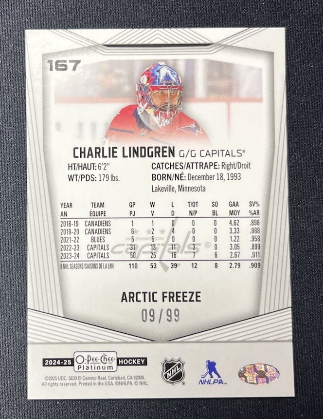2024-25 O-Pee-Chee Platinum Charlie Lindgren #167 Arctic Freeze /99 ...