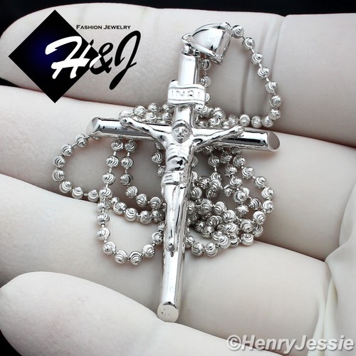 925 STERLING SILVER 18"X2MM MOON CUT BEAD CHAIN JESUS CHRIST CROSS ...