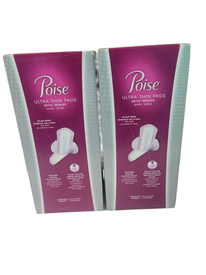 (2) Poise Active Collection Ultra Thin Pads w/Wings, Reg Length Level 5 ...