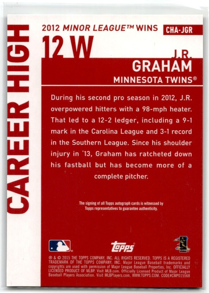2015 Autograph J.R. Graham Auto Minnesota Twins #CHA-JGR | eBay