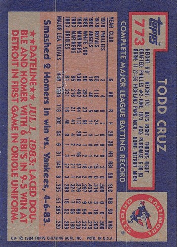 Todd Cruz 1984 Topps 773 Baltimore Orioles BASEBALL Card | eBay