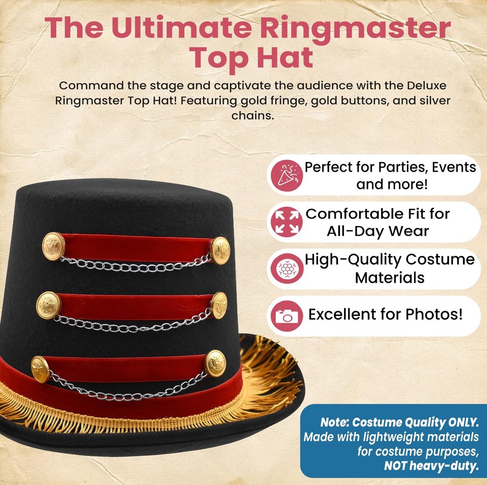 Adult Deluxe Circus Ringmaster Top Hat Ring Leader Halloween Toy ...