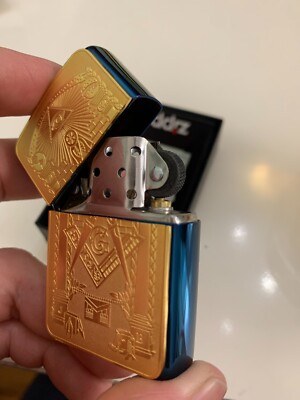 Masonic Zippo Lighter Blue Sapphire Free Masons Master gift Gold plated ...