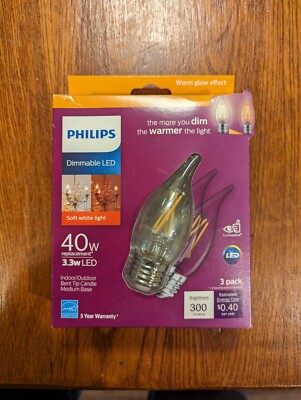 3 pack of Philips 40w LED Clear Bent Tip Medium Base Bulb, Dimmable ...