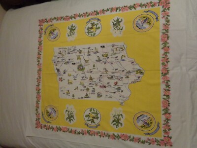 VINTAGE MID CENTURY IOWA STATE MAP SOUVENIR TABLECLOTH PICTORIAL MAP ...