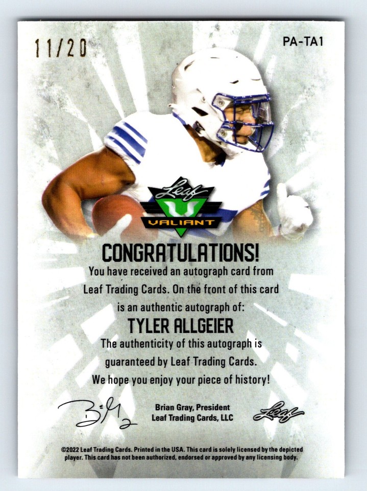 2022 Leaf Valiant Portrait Orange crystal/20 Tyler Allgeier #PA-TA1 ...