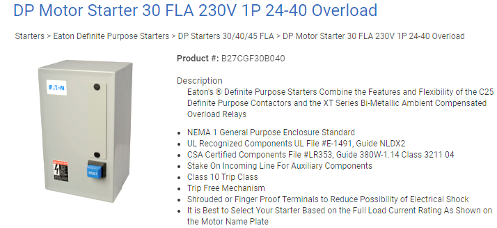 EATON AIR COMPRESSOR MAGNETIC MOTOR STARTER 5HP /208- 230 VOLT, 1 PHASE ...