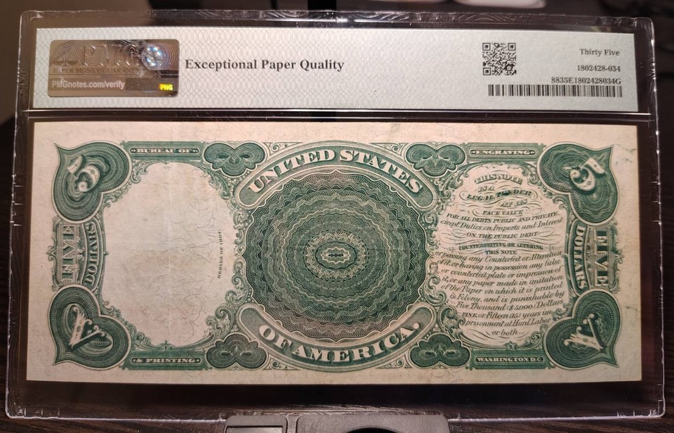 $5 1907 Legal Tender "Woodchopper" note Fr#88 S/N E86784336 CVF35 EPQ ...