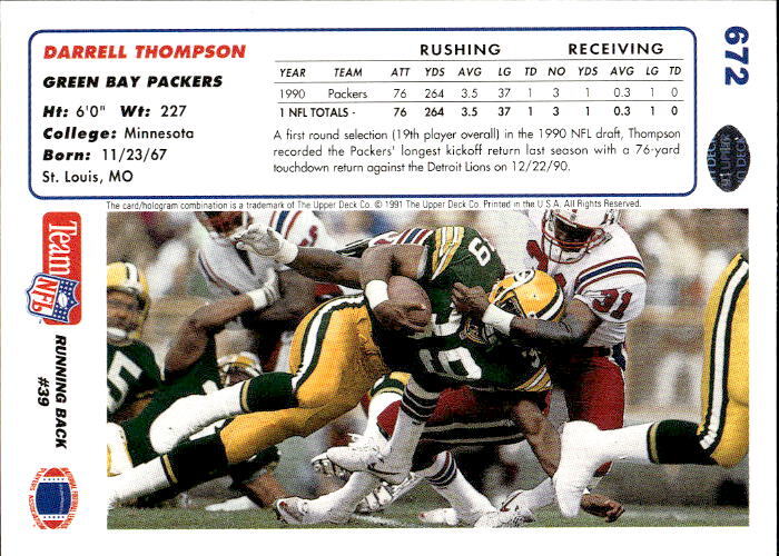 Darrell Thompson 1991 Upper Deck #672 Green Bay Packers | eBay