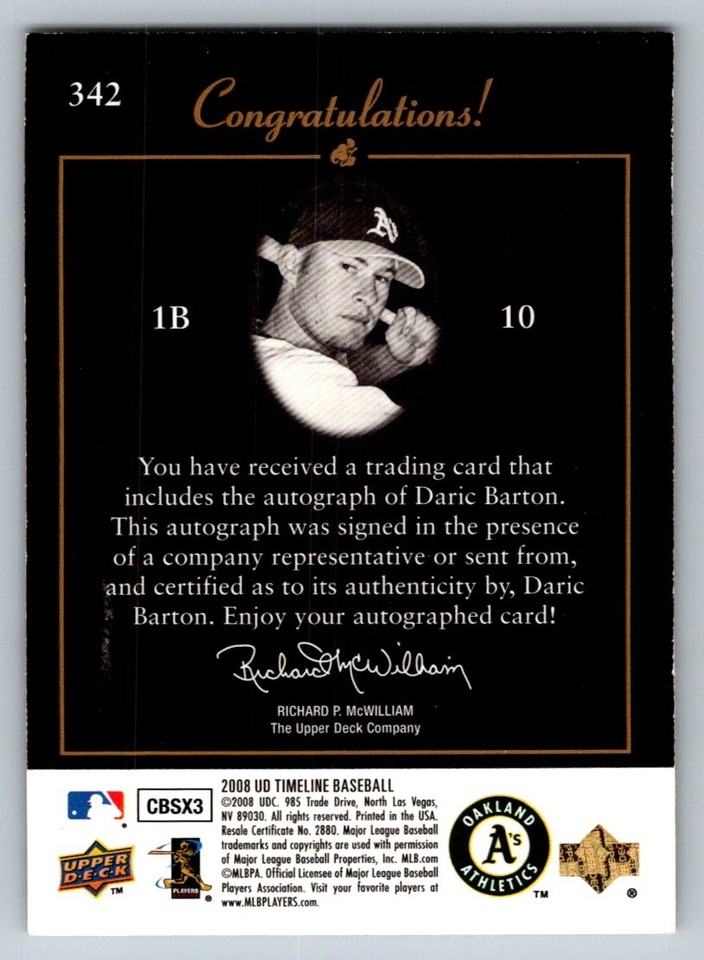 2008 UD Timeline 1994 SP Autographs Daric Barton 342 /94 | eBay