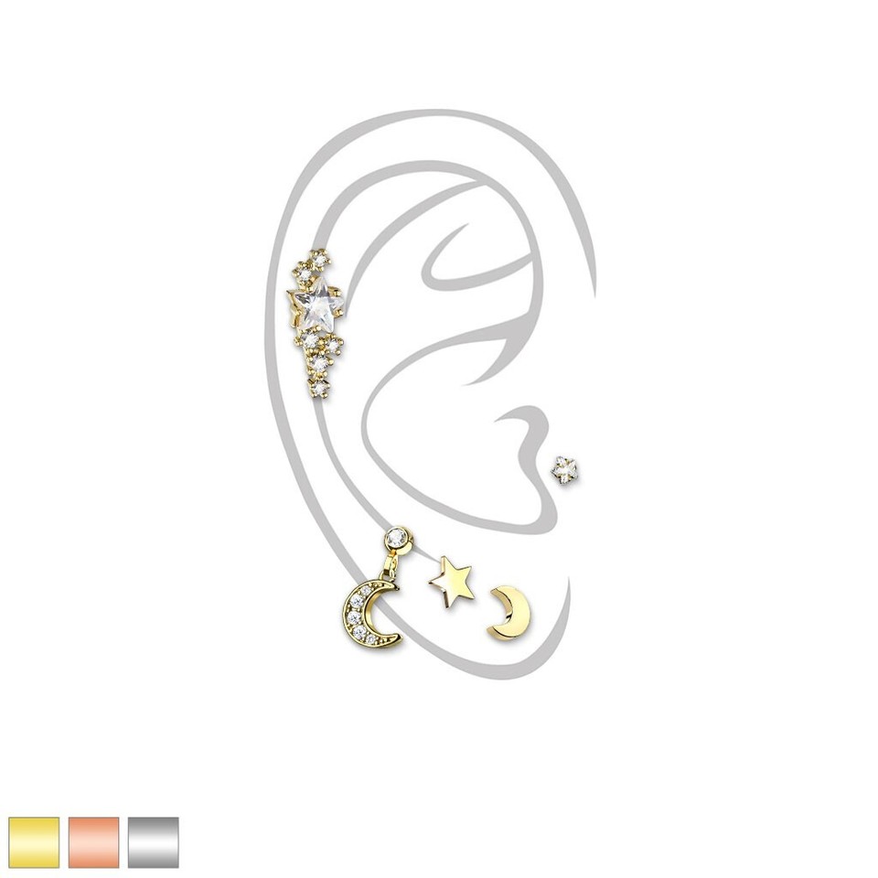 Set of 5 Gold 16g 6mm 1/4 Star Moon dangle cartilage earrings rook ...