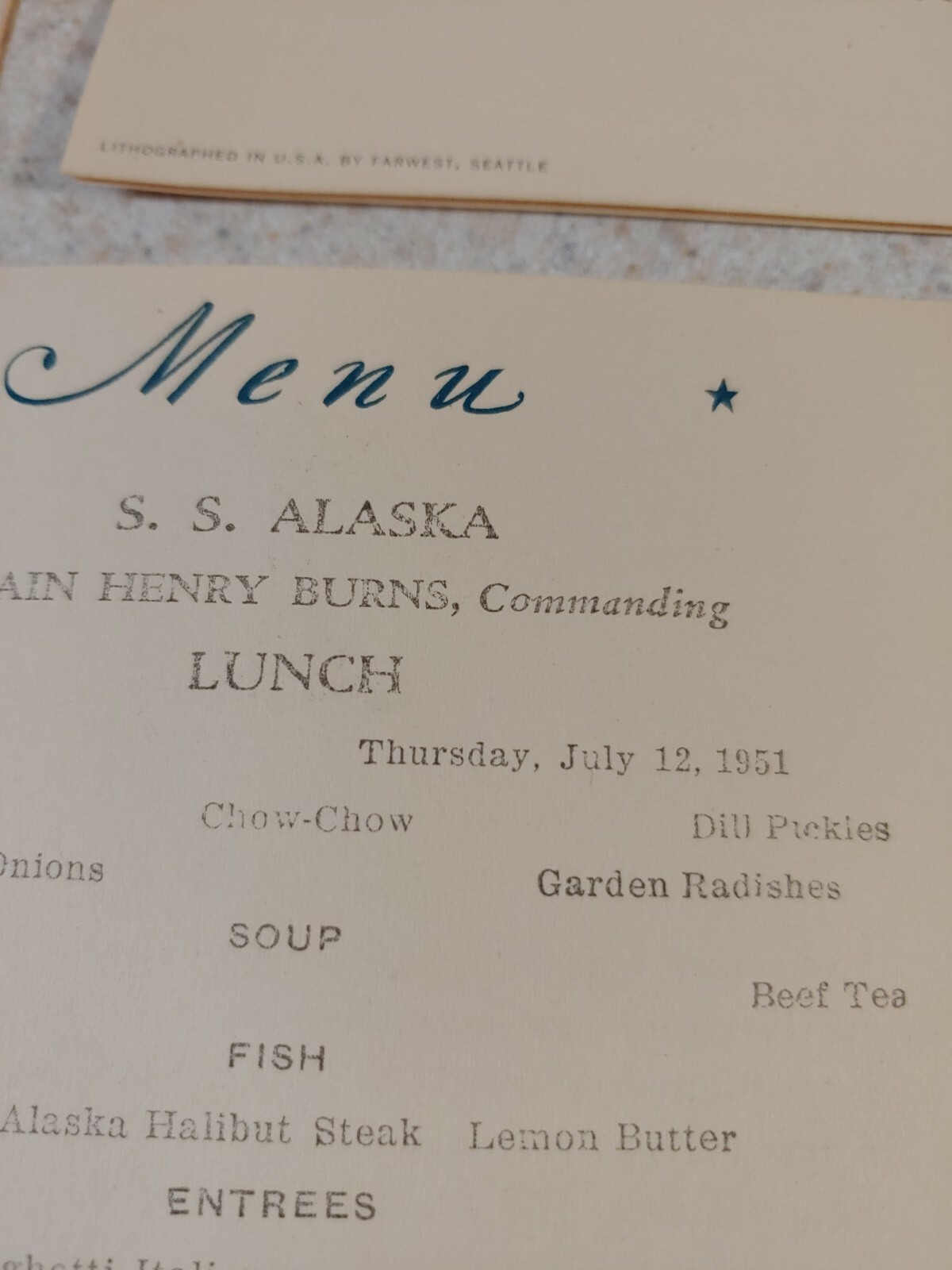 LOT VTG 1951 ALASKA STEAMSHIP CO - CRUISE LINE SHIP MENU S.S. ALASKA ...