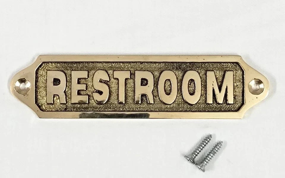 Solid Brass RESTROOM Door Sign Plaque | Vintage Bathroom Label w ...
