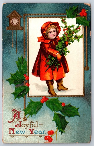 Clapsaddle New Year~Girl In Red w/Holly~Gold Frame Inset~Wall Clock ...