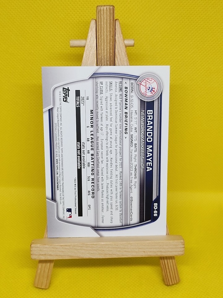 Brando Mayea #'d 422/499 2023 Bowman Draft Sky Blue New York Yankees # ...