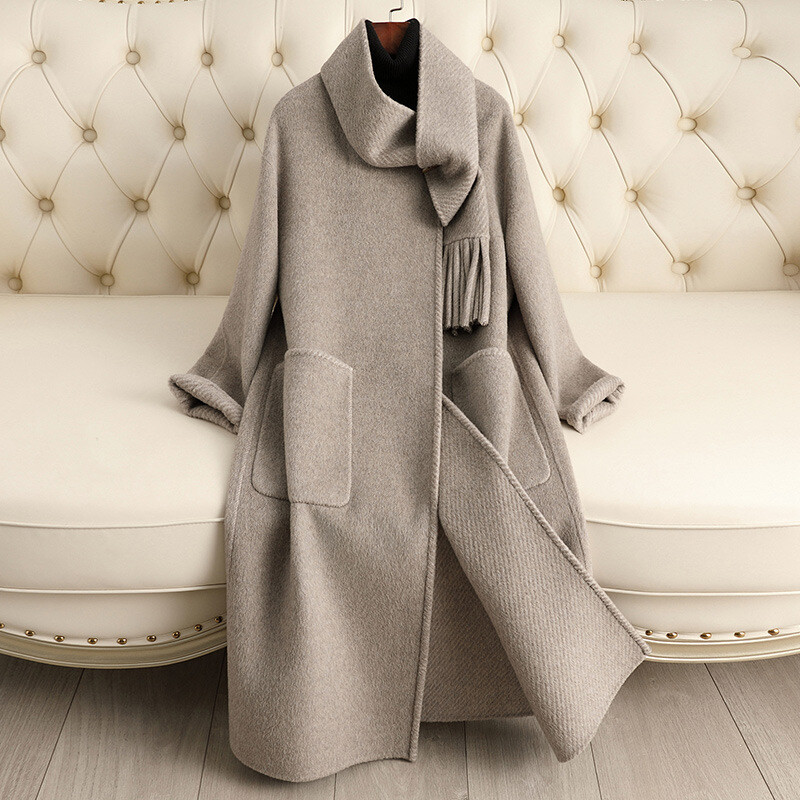 Handmade Womens Wool Parka Round Neck Long Loose Scarf Jackets One ...