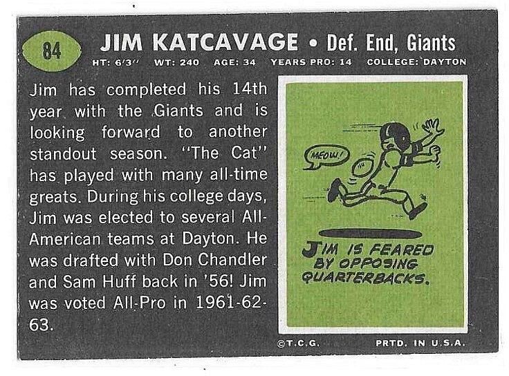 1969 TOPPS JIM KATCAVAGE BASE SET #84 NEW YORK GIANTS DAYTON | eBay