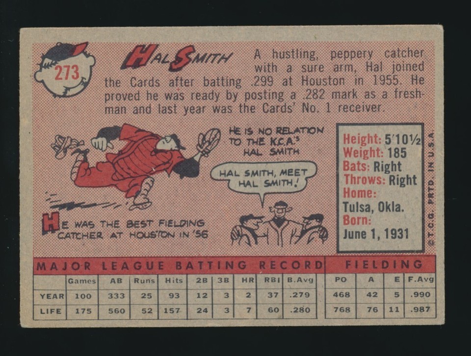 1958 Topps -#273 HAL R. SMITH (St Louis Cardinals) *AUTOGRAPHED* d.2014 ...
