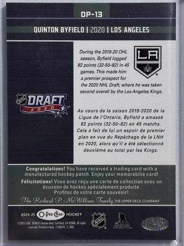 2024-25 O-Pee-Chee OPC First Round 2020 Draft Patch Quinton Byfield SP ...