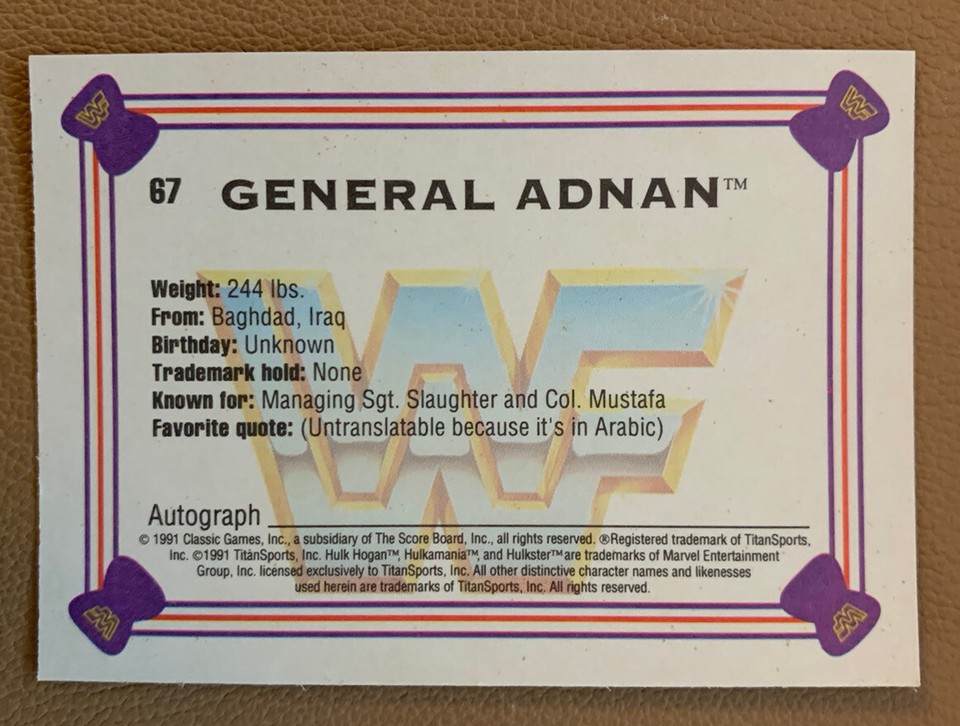 1991 WWF CLASSIC TRADING CARD SERIES - GENERAL ADNAN #67 HASBRO WWE ...