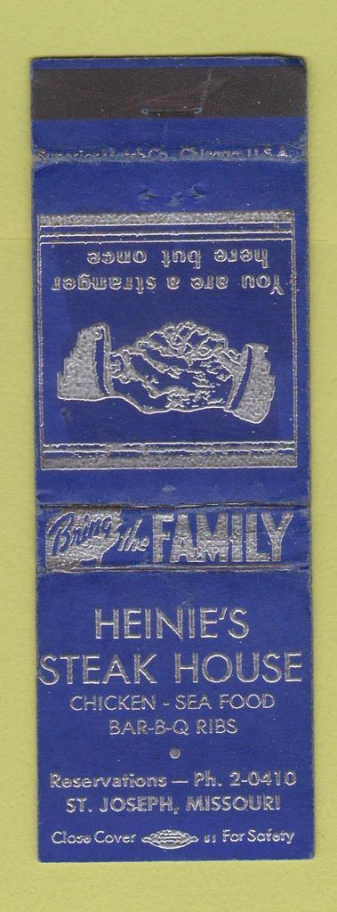 Matchbook Cover - Heinie's Steak House St Joseph MO WEAR | eBay