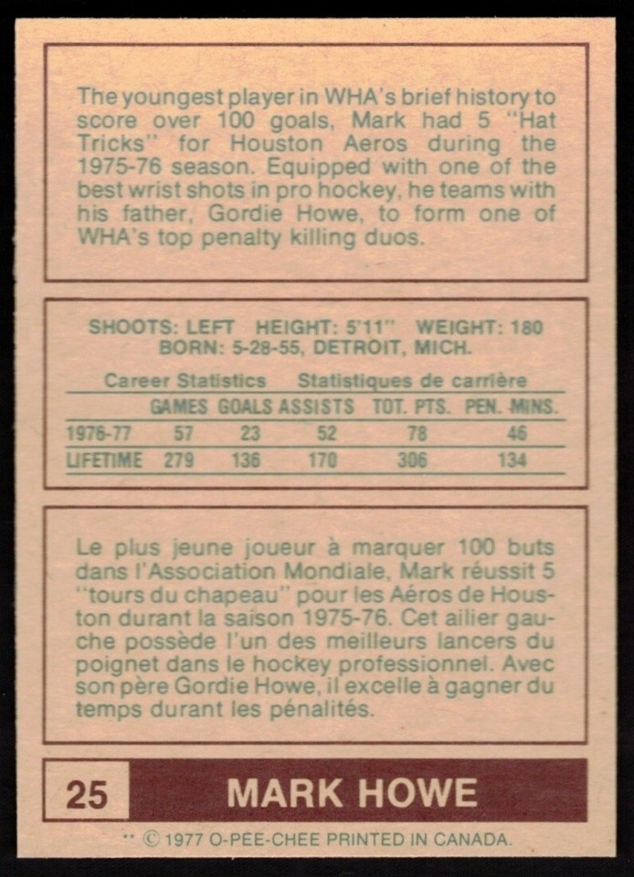 1977 O-Pee-Chee WHA Mark Howe #25 New England Whalers | eBay