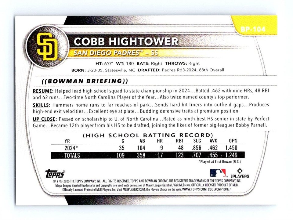 #BP-104 2025 Bowman Prospects Cobb Hightower San Diego Padres | eBay
