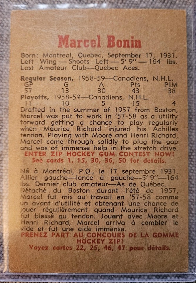 1959-60 PARKHURST # 12 MARCEL BONIN Montreal Canadiens-Very Good | eBay
