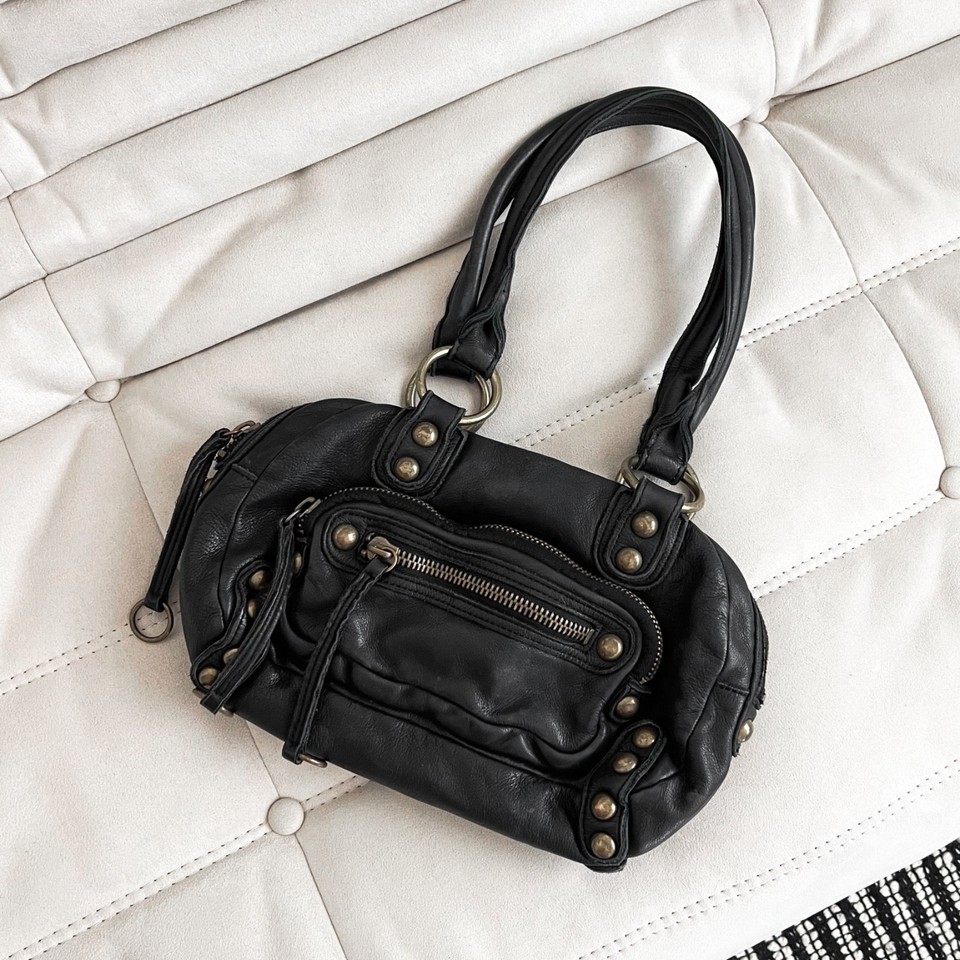 Rare Vintage Linea Pelle Collection Black Leather Biker Studded handbag ...