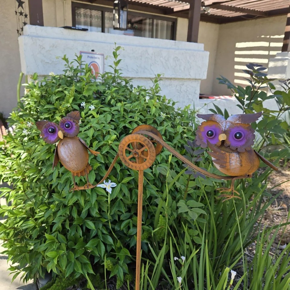 Wind Spinner Double Owls Balancer Rocker Yard Stake Garden Whirly-Gig ...