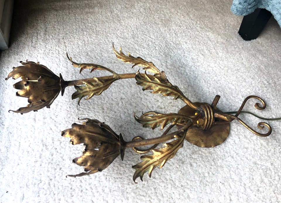 Vintage Gilt Gold Metal Double Light Fixture Sconce Globed Flowers ...