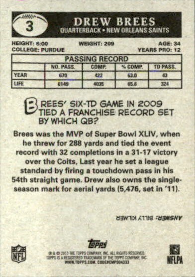 Drew Brees 2013 Topps Mini Card #3 | eBay