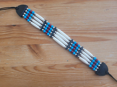 Native American Indian Blue Red Beads Buffalo Bone Choker Necklace ...