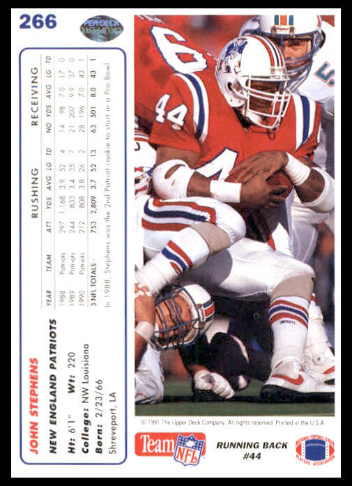 1991 Upper Deck #266 John Stephens New England Patriots Football Card ...