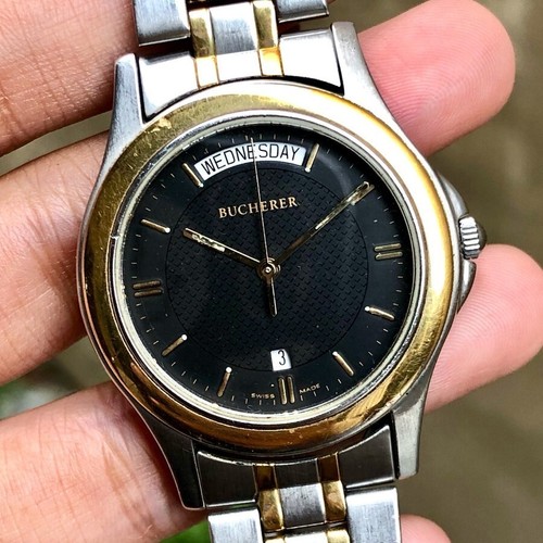 Rare Bucherer Day Date Quartz Black Dial Two Tone Swiss Made Vintage ...