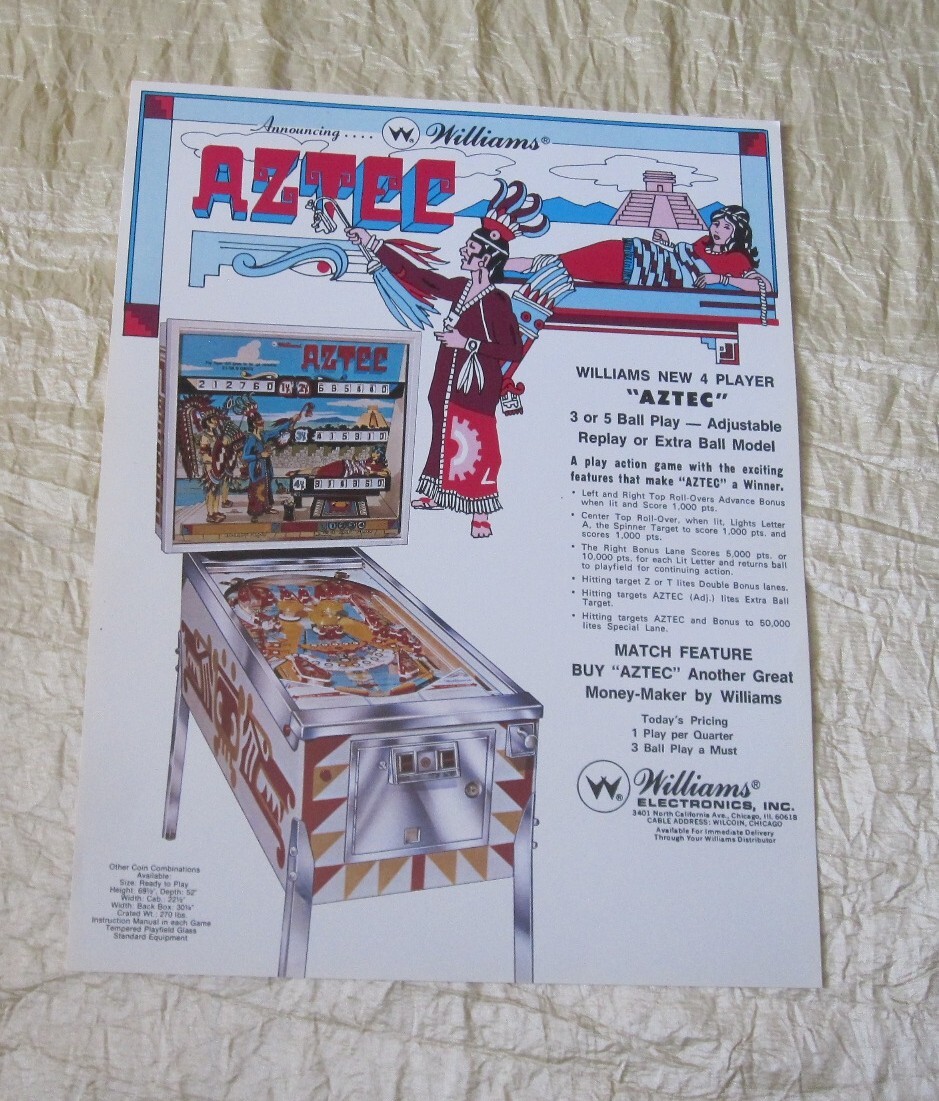 1976 WILLIAMS AZTEC PINBALL FLYER | eBay