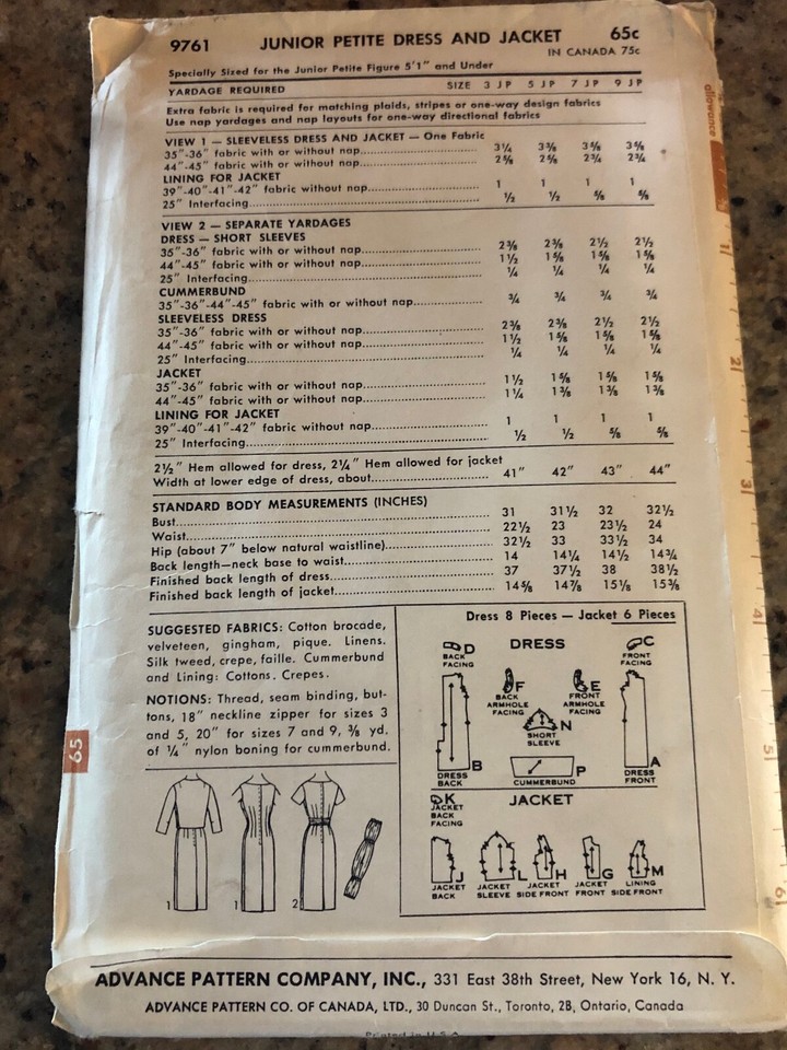 🌺 1961 ADVANCE #9761 - LADIES JR. PETITE DRESS & JACKET PATTERN 7JP or ...
