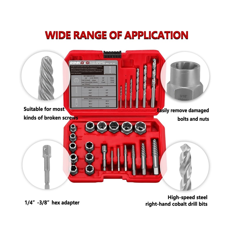 26-Piece Screw & Drill Bit Set, Multi-Spline & Bolt Extractors, Spi ...