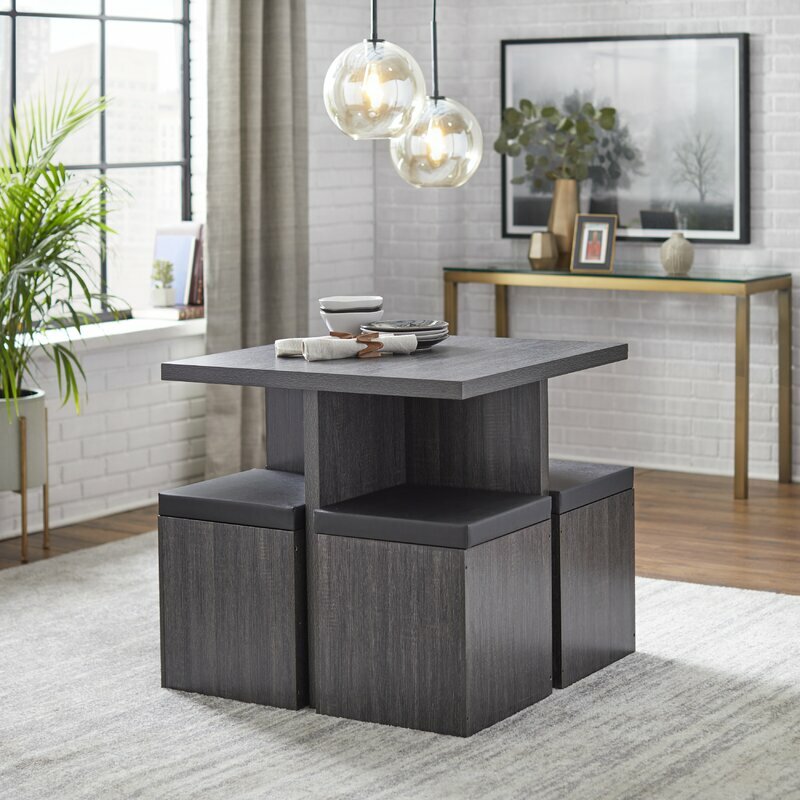 Gray Grey Wooden 5 pc Dining Set 4 Storage Stools Table Kitchen Nook ...