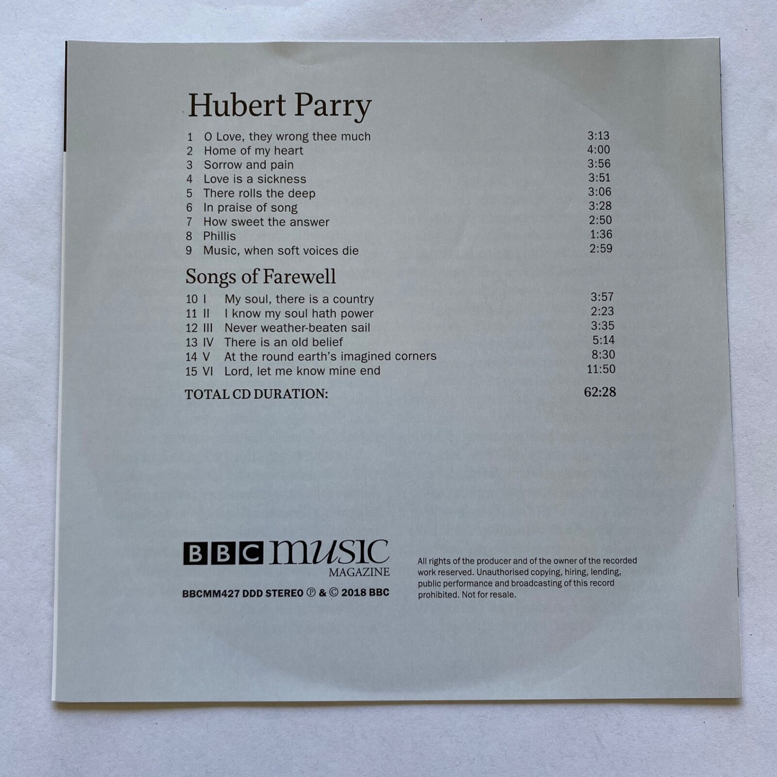 Parry Songs of Farewell Plus Other Choral Works CD Carice Singers ...