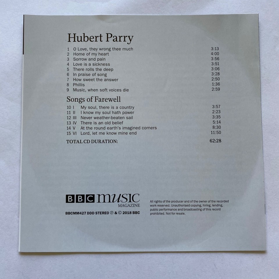 Parry Songs of Farewell Plus Other Choral Works CD Carice Singers ...