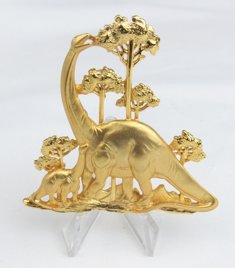 Gold Embossed Metal Brontosaurus and Baby Dinosaur in Treescape Brooch ...