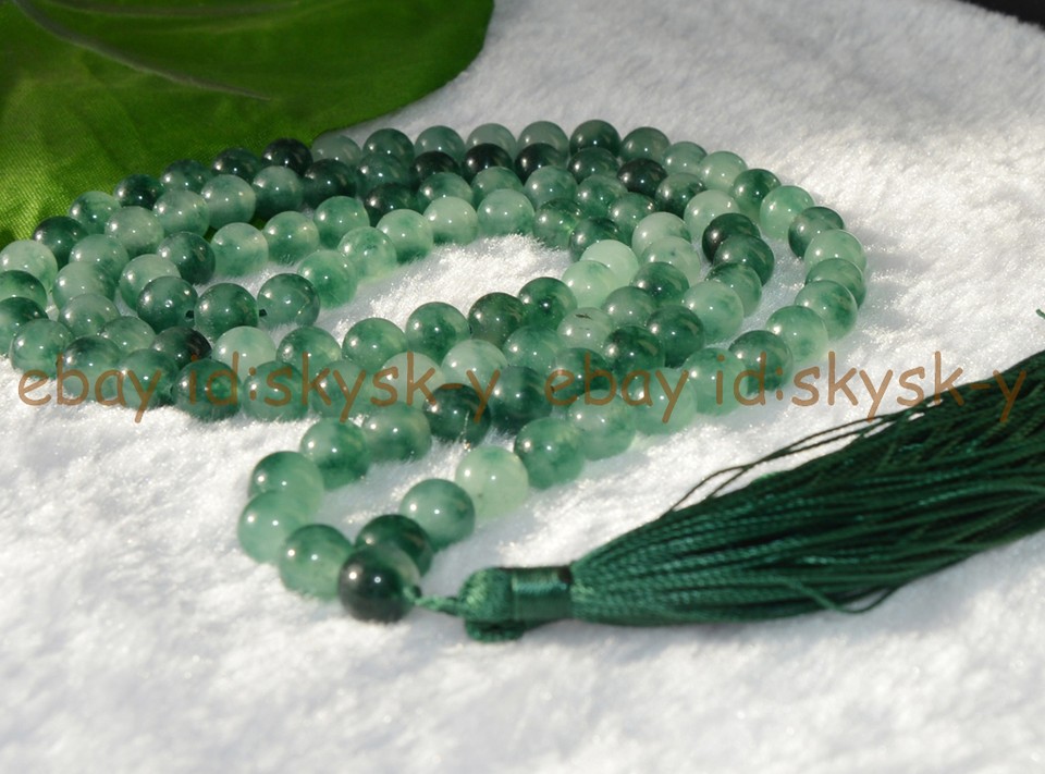 8mm Green Spotted Jade Tibet Buddhist 108 Prayer Beads Mala Necklace ...