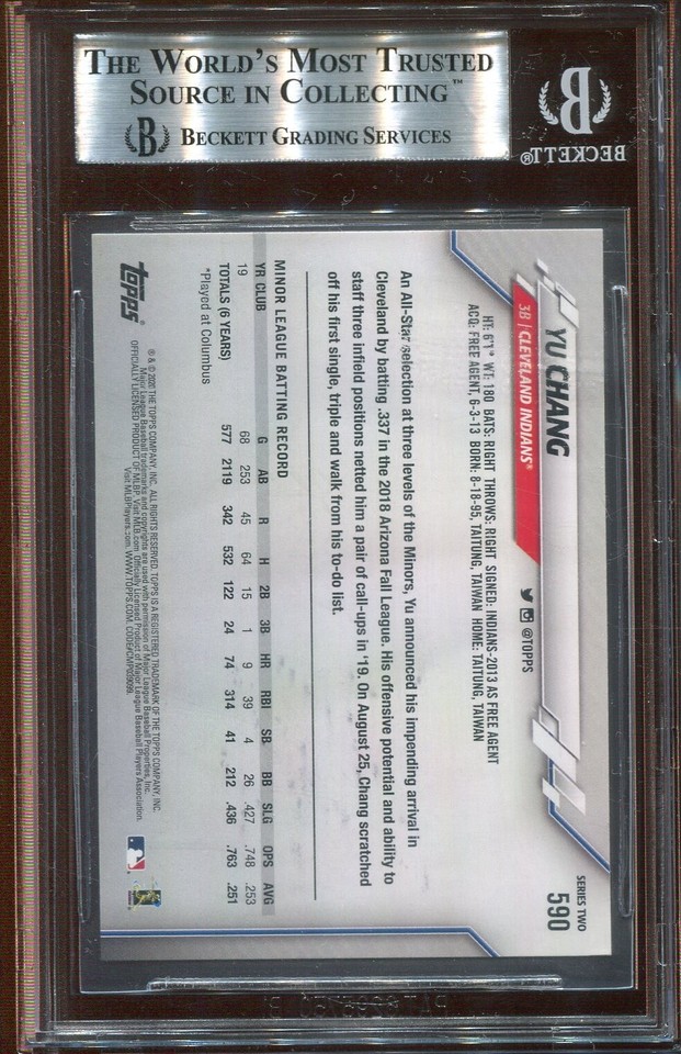 2020 Topps #590 Yu Chang RC ROOKIE CARD Cleveland Indians AUTO BGS BAS ...
