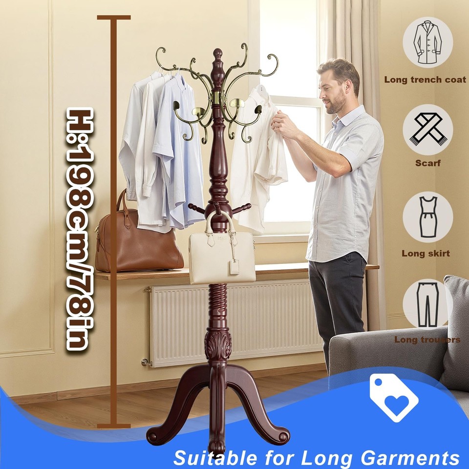 Coat Rack Freestanding with 12 Metal Hooks, Wood Coat Rack Stand, Heavy ...