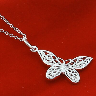 925 Sterling Silver Hollow Butterfly Pendant Chain Necklace Fashion ...